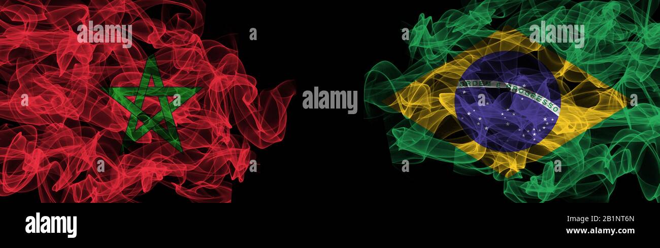 Flags of Morocco and Brazil on Black background, Morocco vs Brazil ...