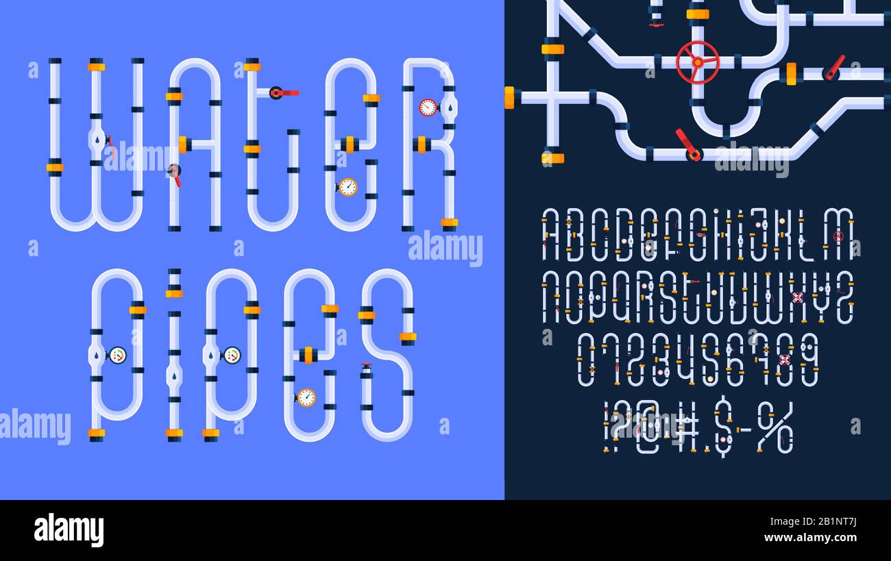 Cartoon Water pipe industrial Font with Plumbing service flat ...