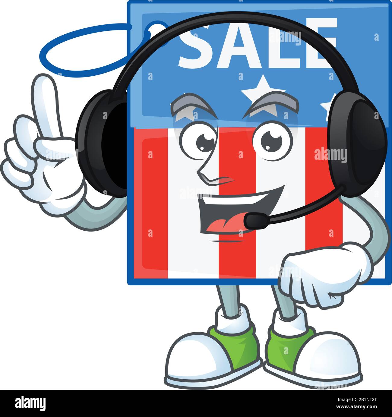 Sweet USA price tag cartoon character design speaking on a headphone ...