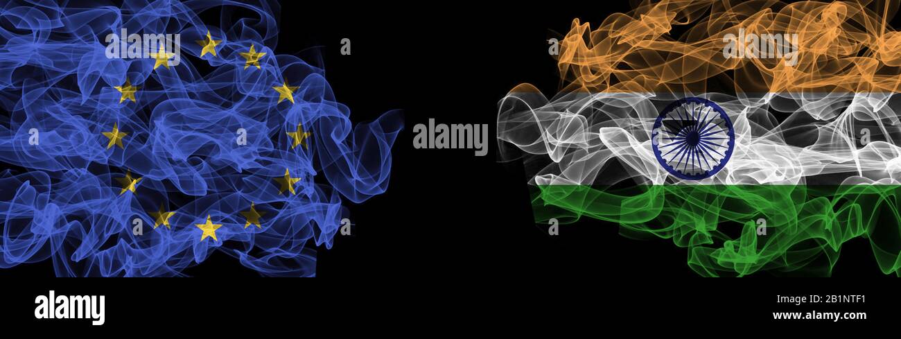 Flags of EU and India on Black background, EU vs India Smoke Flags ...