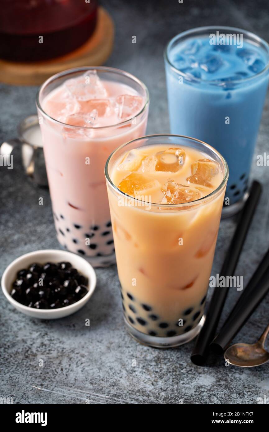 Variety of milk bubble tea in tall glasses Stock Photo - Alamy