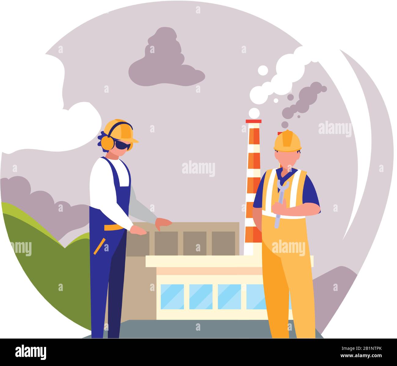 men engineers standing the factory, team work vector illustration ...