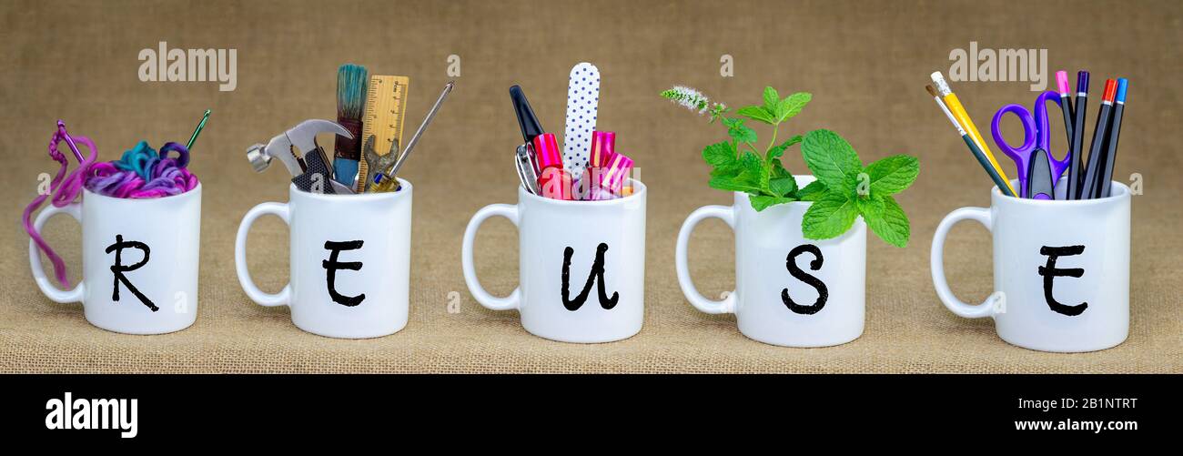 Coffee mugs being reused with reuse text, recycle and up-cycle for ...