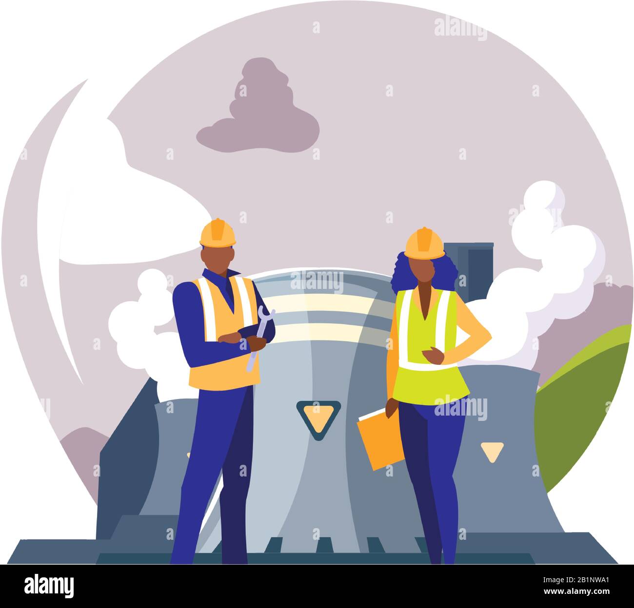 men engineers standing the factory, team work vector illustration ...