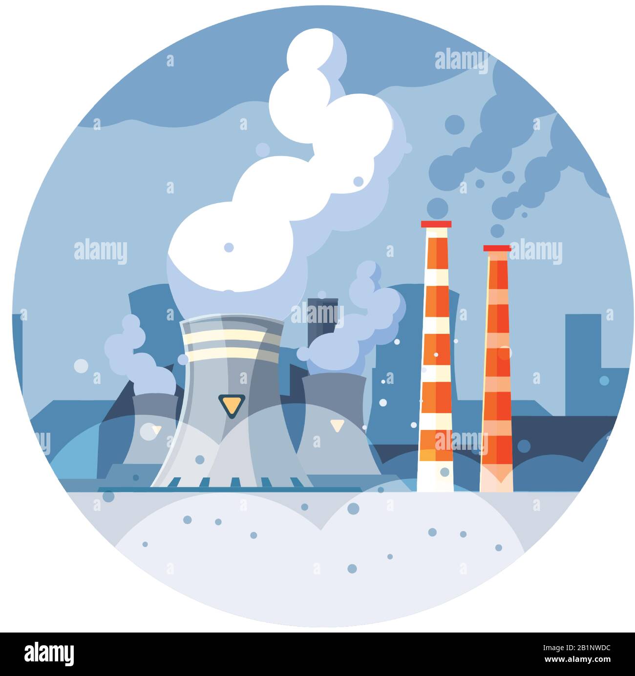 nuclear reactor with smoke clouds on white background vector ...