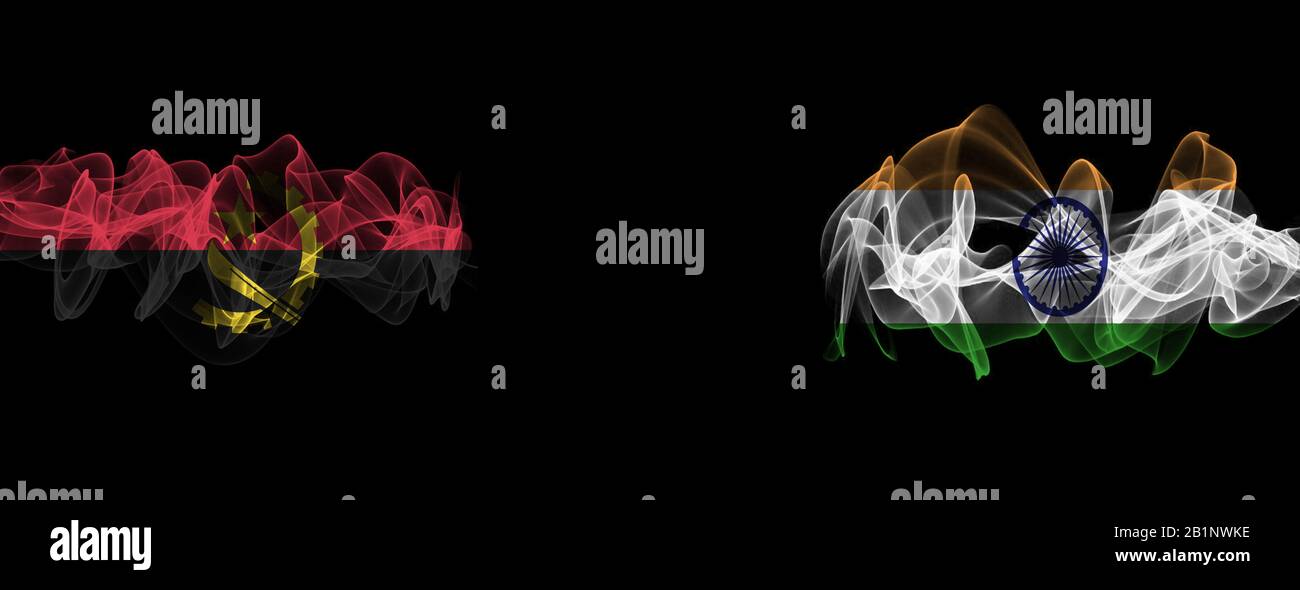 Flags of Angola and India on Black background, Angola vs India Smoke ...