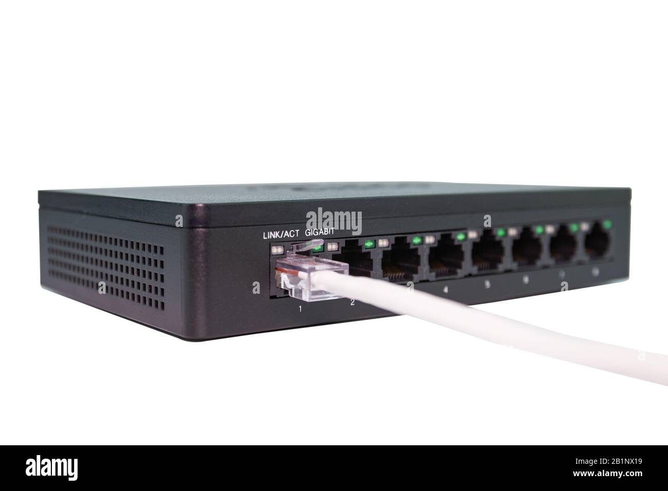 The blue network cables connect port switch on white table concept internet network connection ...