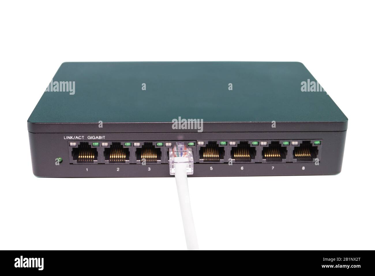 The blue network cables connect port switch on white table concept ...