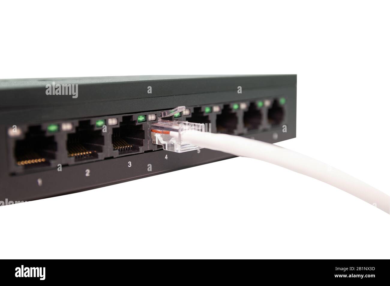 The blue network cables connect port switch on white table concept ...