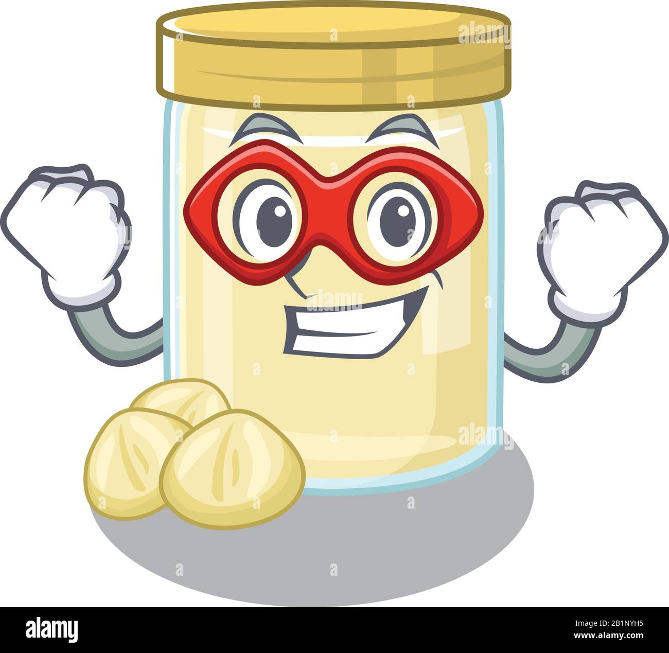 A cartoon concept of macadamia nut butter performed as a Super hero ...