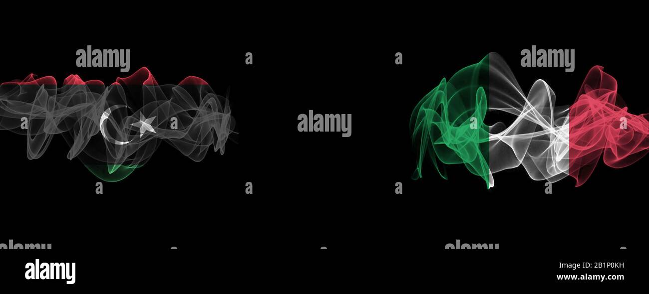 Flags of Libya and Italy on Black background, Libya vs Italy Smoke ...