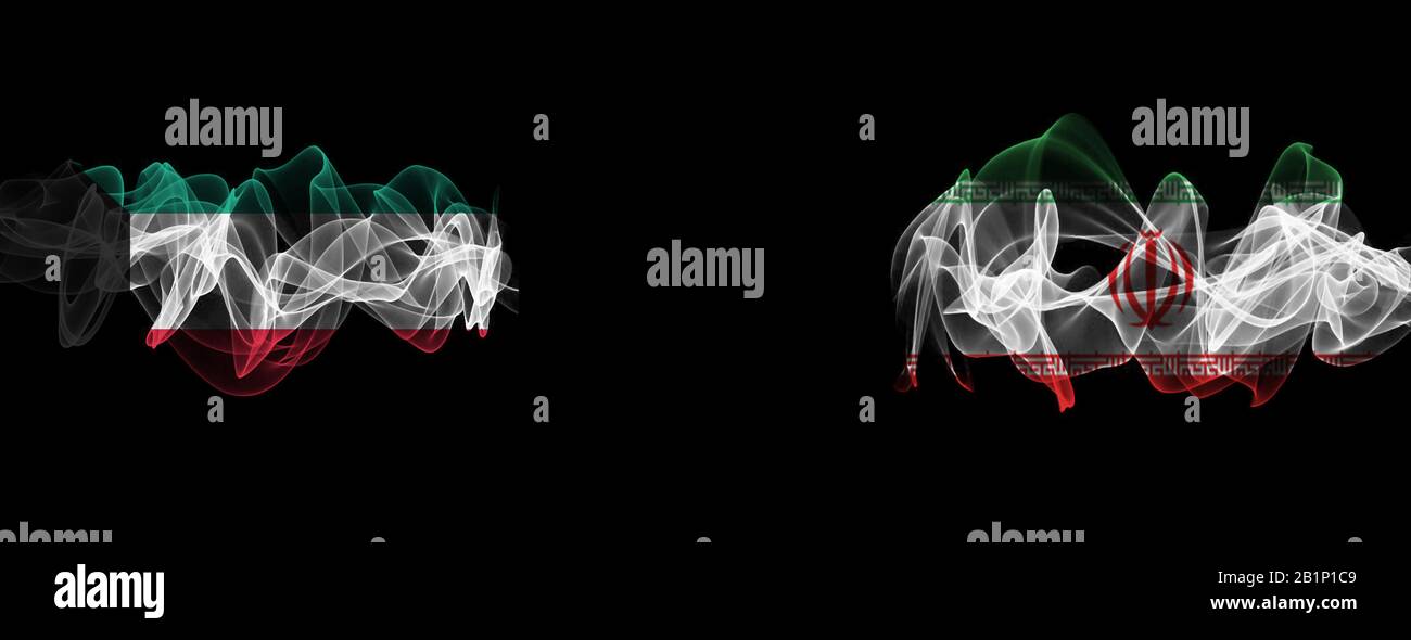 Flags of Kuwait and Iran on Black background, Kuwait vs Iran Smoke ...