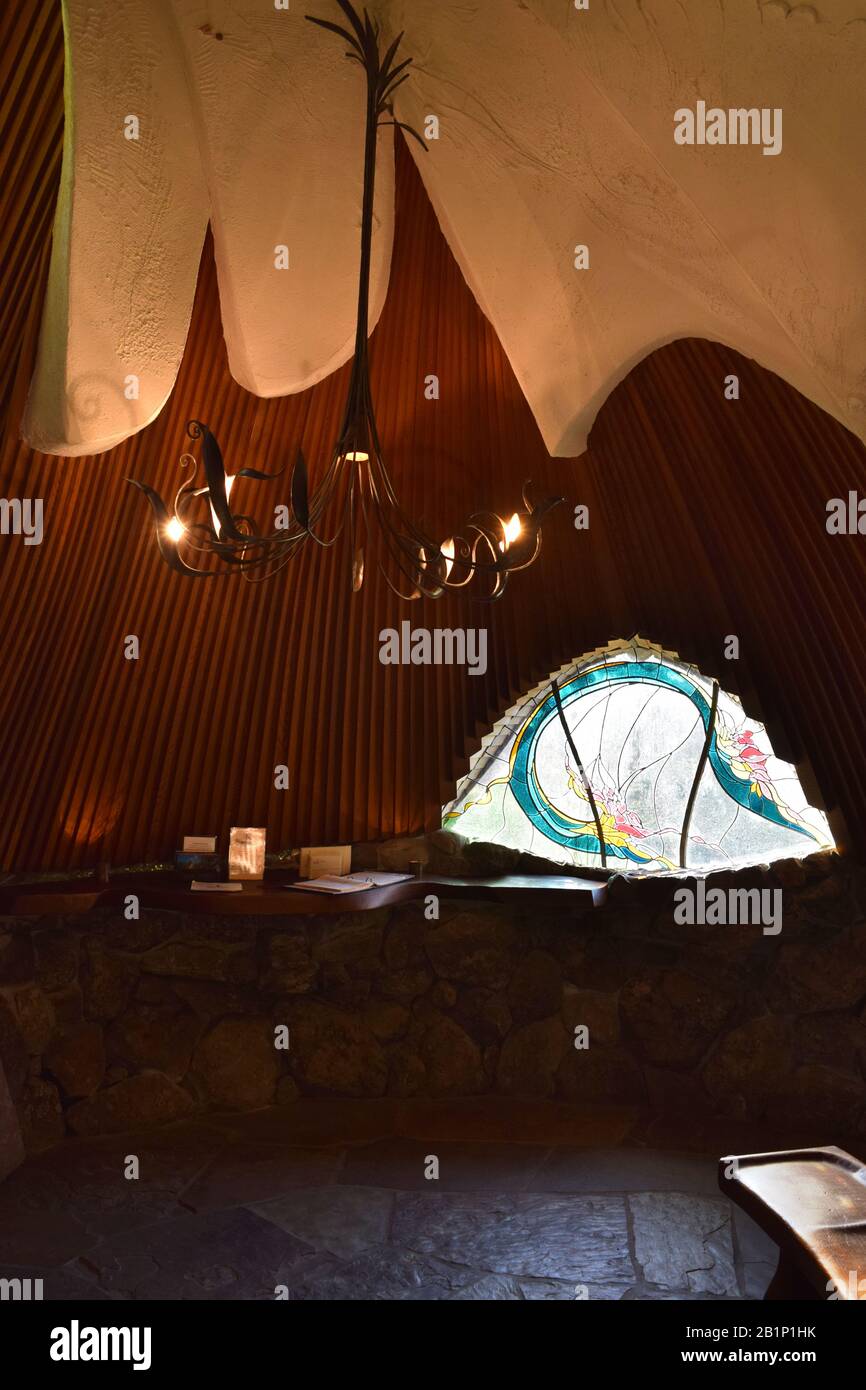 Interior of Sea Ranch Chapel, designed by James Hubbell, near Sea Ranch ...