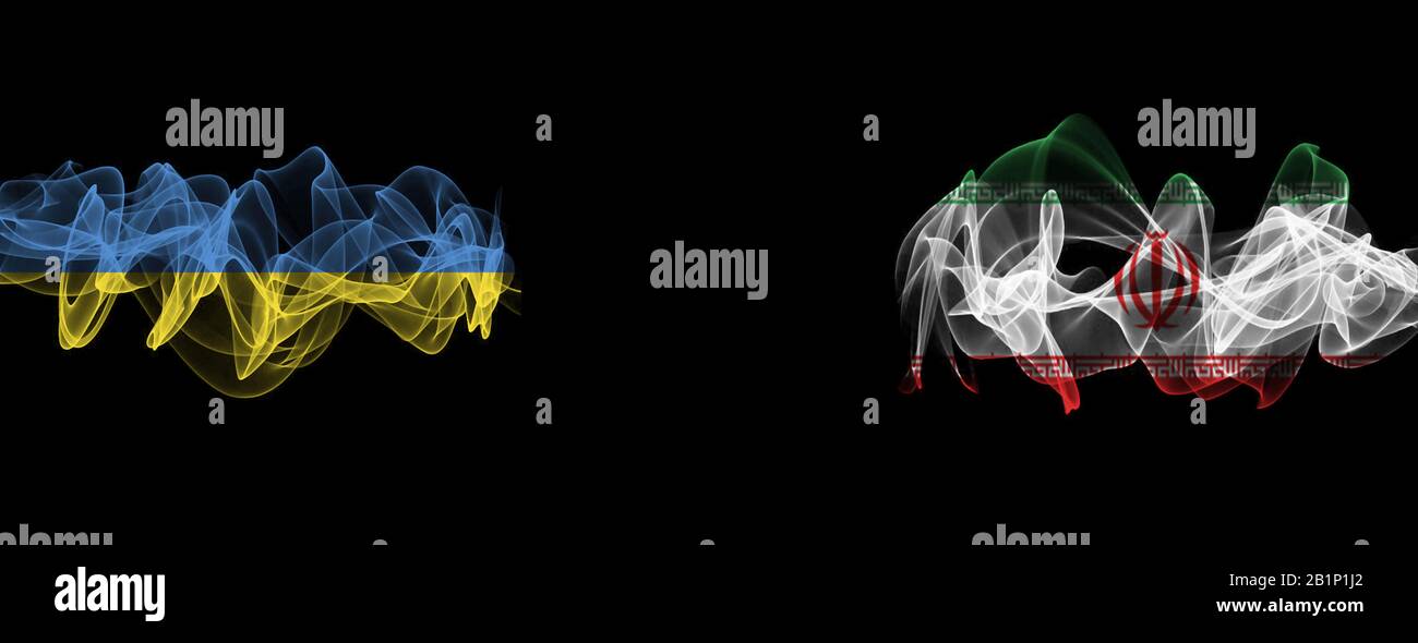 Flags of Ukraine and Iran on Black background, Ukraine vs Iran Smoke ...