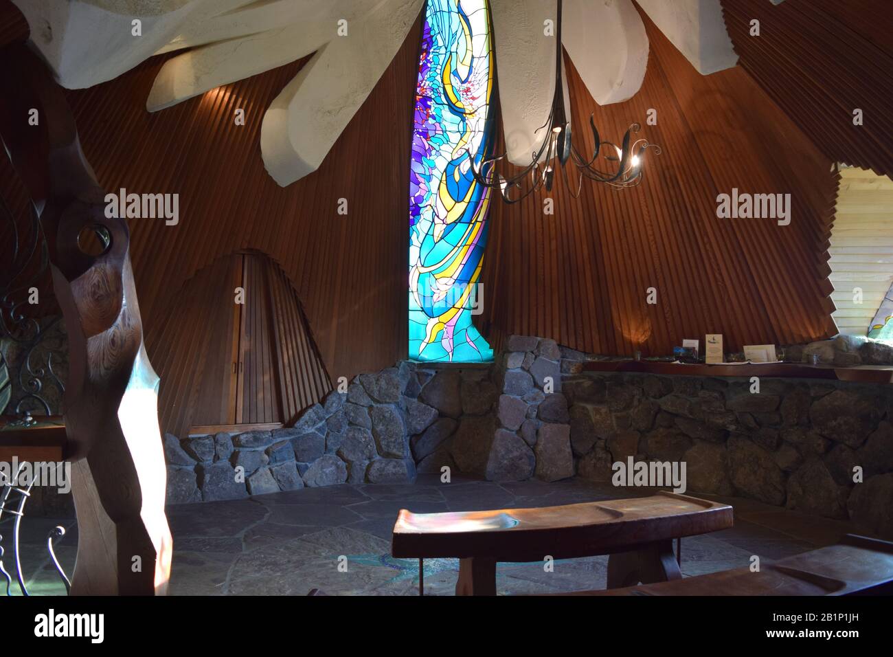 Interior of Sea Ranch Chapel, designed by James Hubbell, near Sea Ranch ...