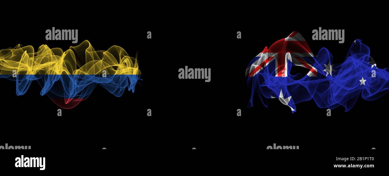 Flags of Colombia and Australia on Black background, Colombia vs ...