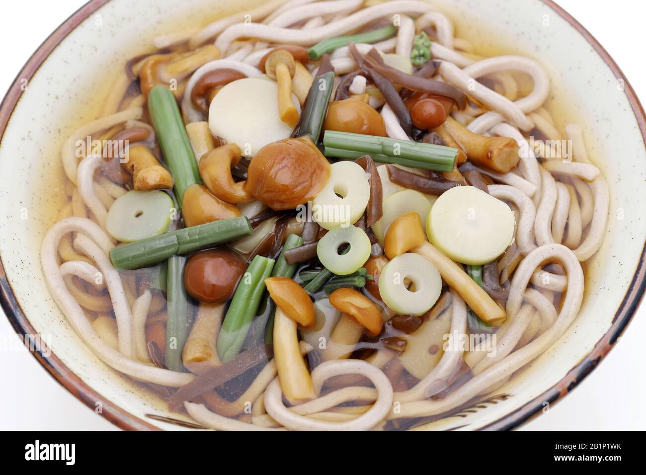 Japanese Sansai soba noodles in a ceramic bowl on white background ...