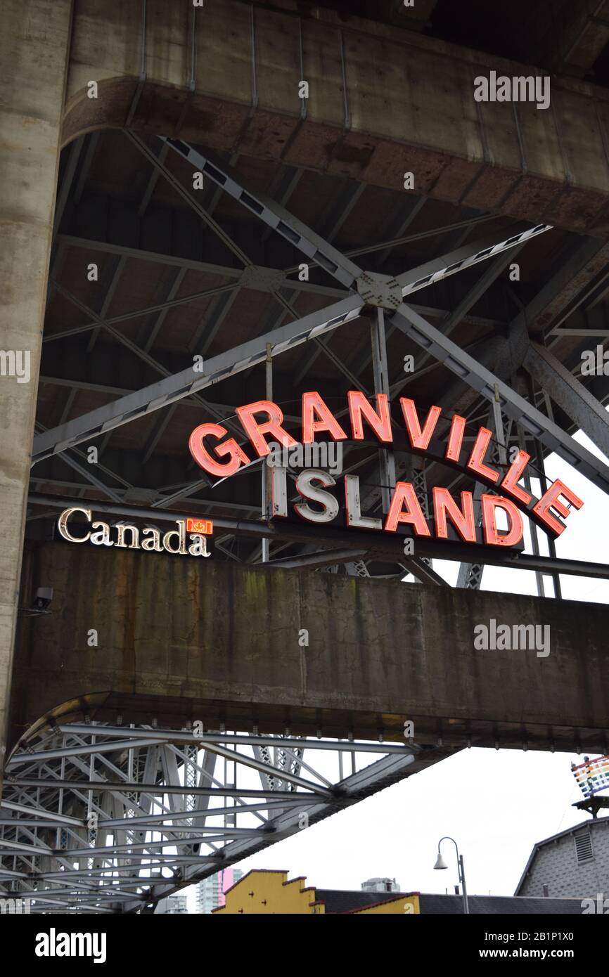 Granville Island sign underneath Highway 99, marking the entrance to ...
