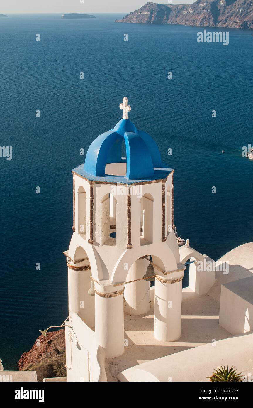Blue Domed churches on the caldera background, Santorini, Greece Stock ...