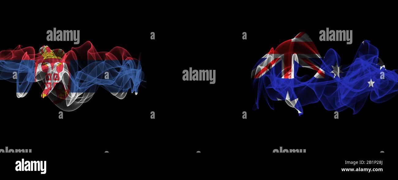 Flags of Serbia and Australia on Black background, Serbia vs Australia ...