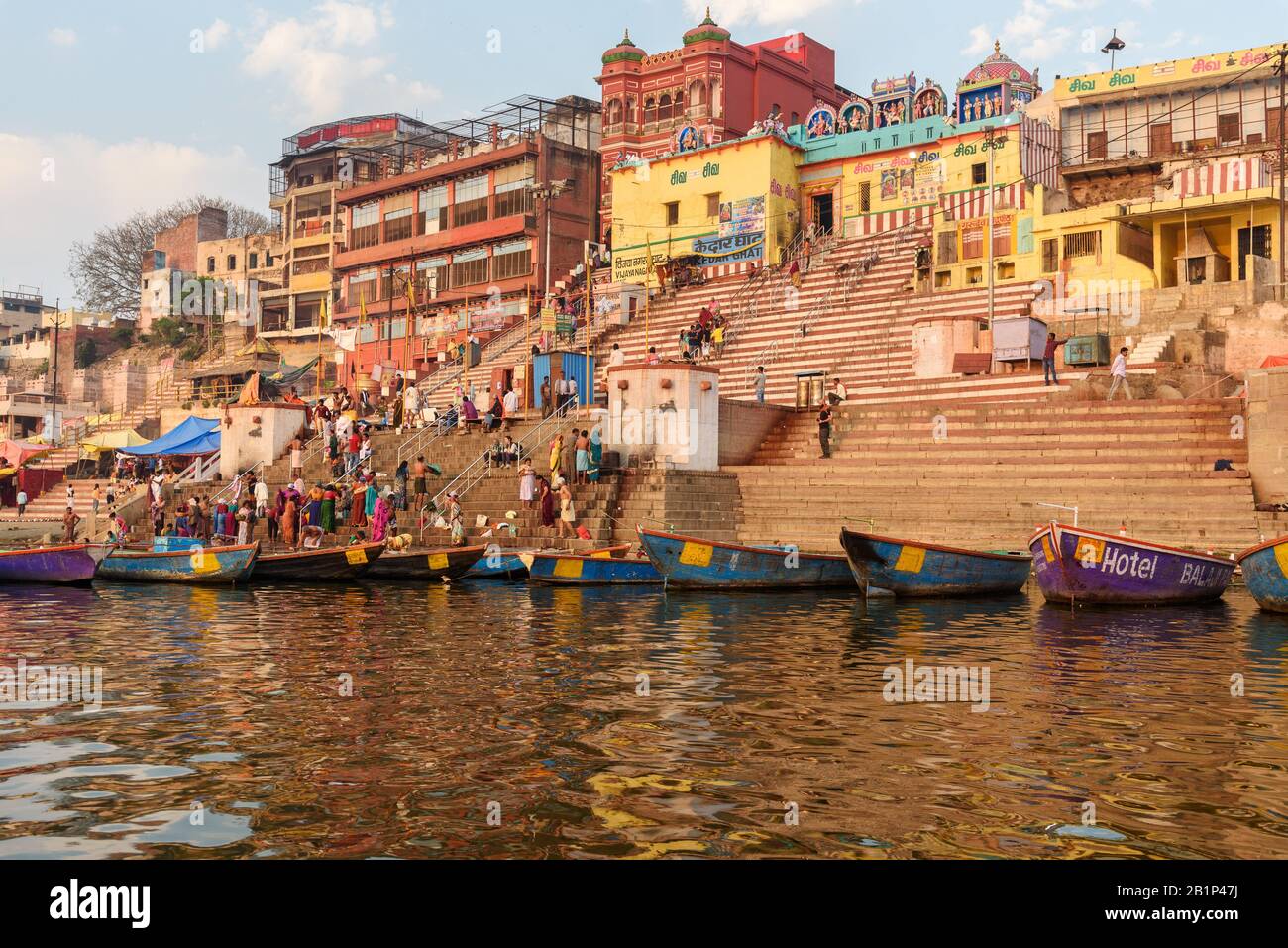 View of Kedar Ghat on the Ganges river in the morning. Varanasi. India ...