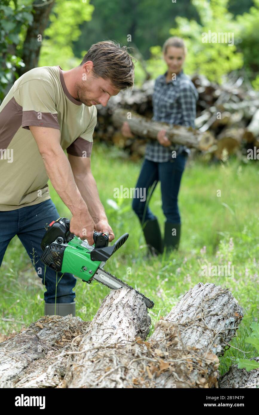 man using chainsaw woman bring log to be cut Stock Photo - Alamy