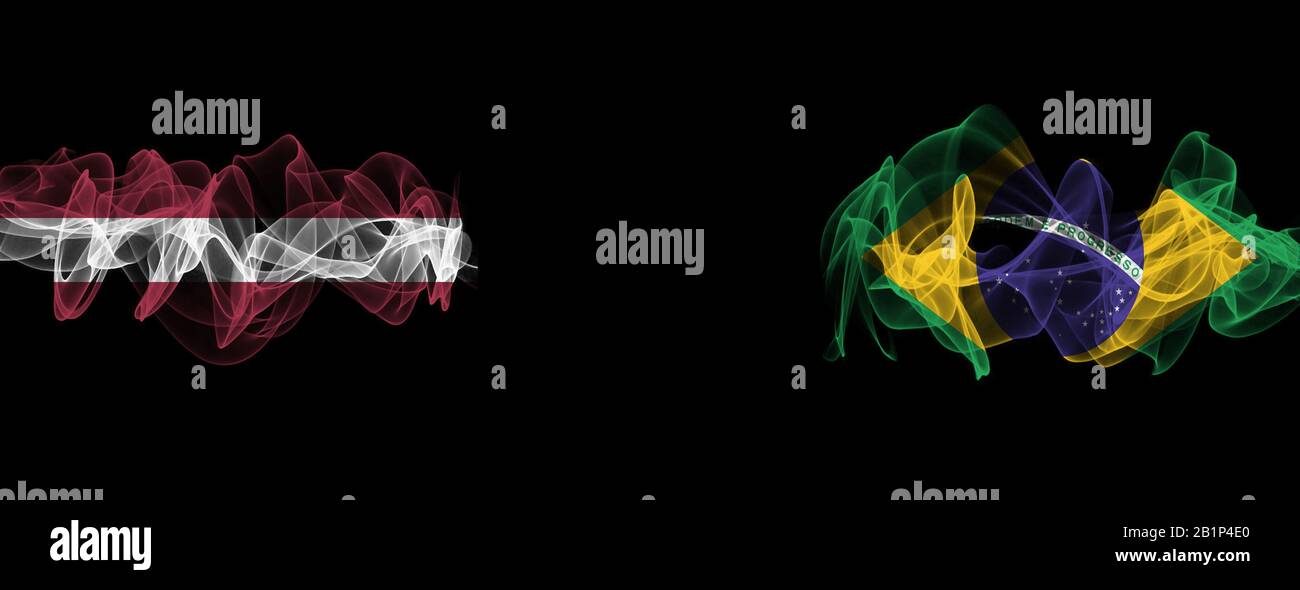 Flags of Latvia and Brazil on Black background, Latvia vs Brazil Smoke ...