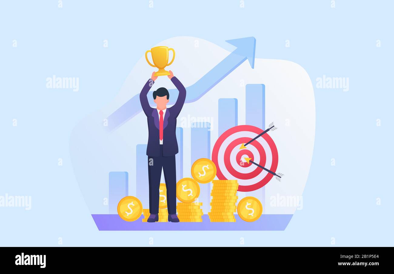 business success concept with businessman lifting trophy with target ...