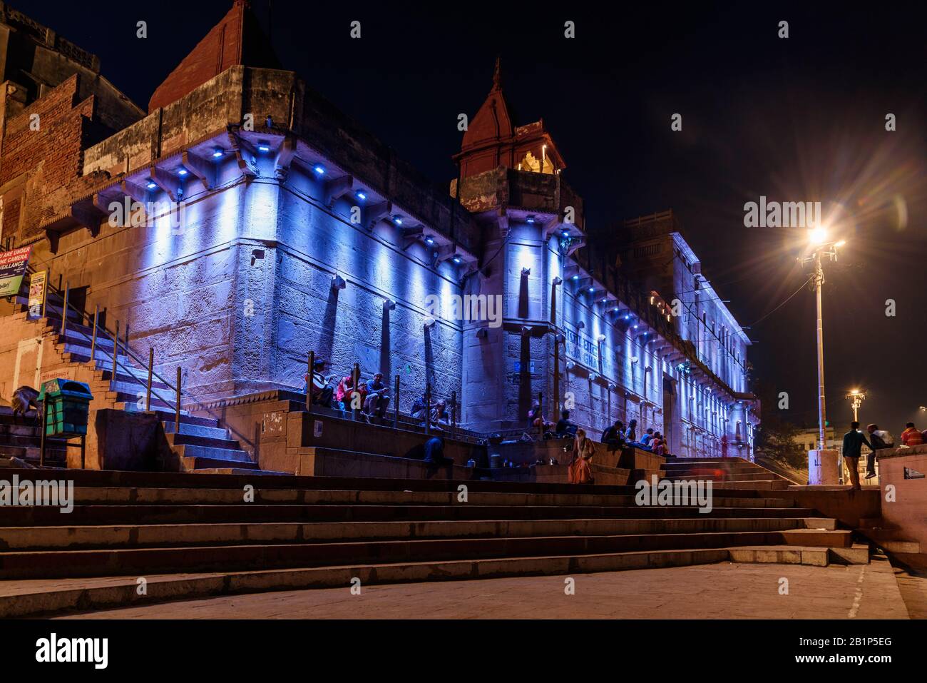 Colorful illumination of Raja Ghat in the night. Varanasi. India Stock ...