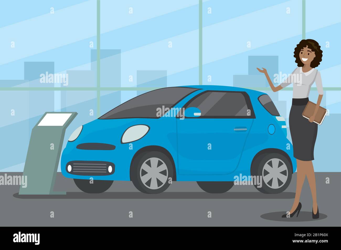 Sale of a new blue car,cartoon african american woman seller at the car ...