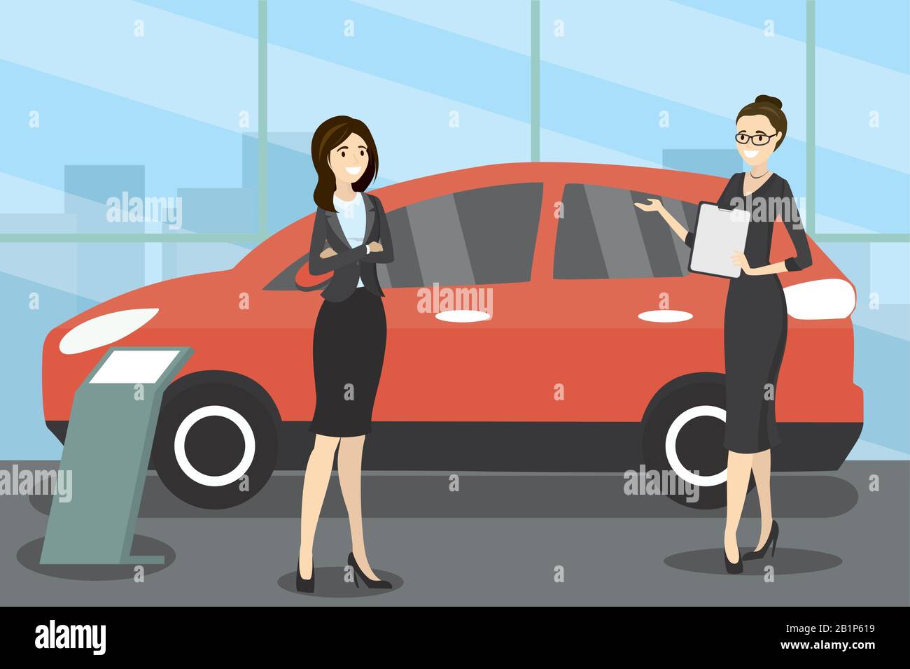 Sale of a new blue car,cartoon caucasian woman seller at the car ...