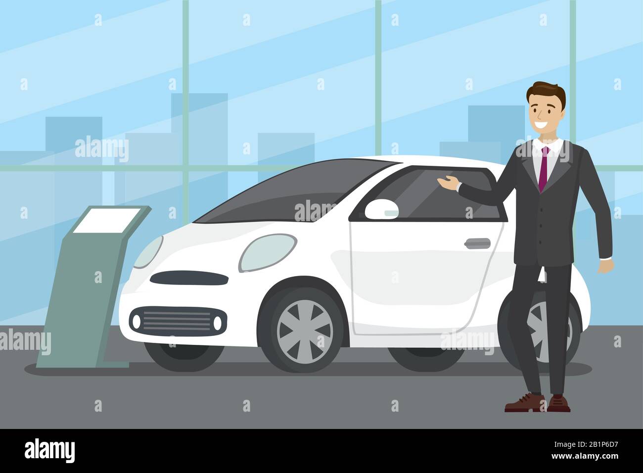 Sale of a new car,cartoon seller at the car showroom shows the vehicle ...