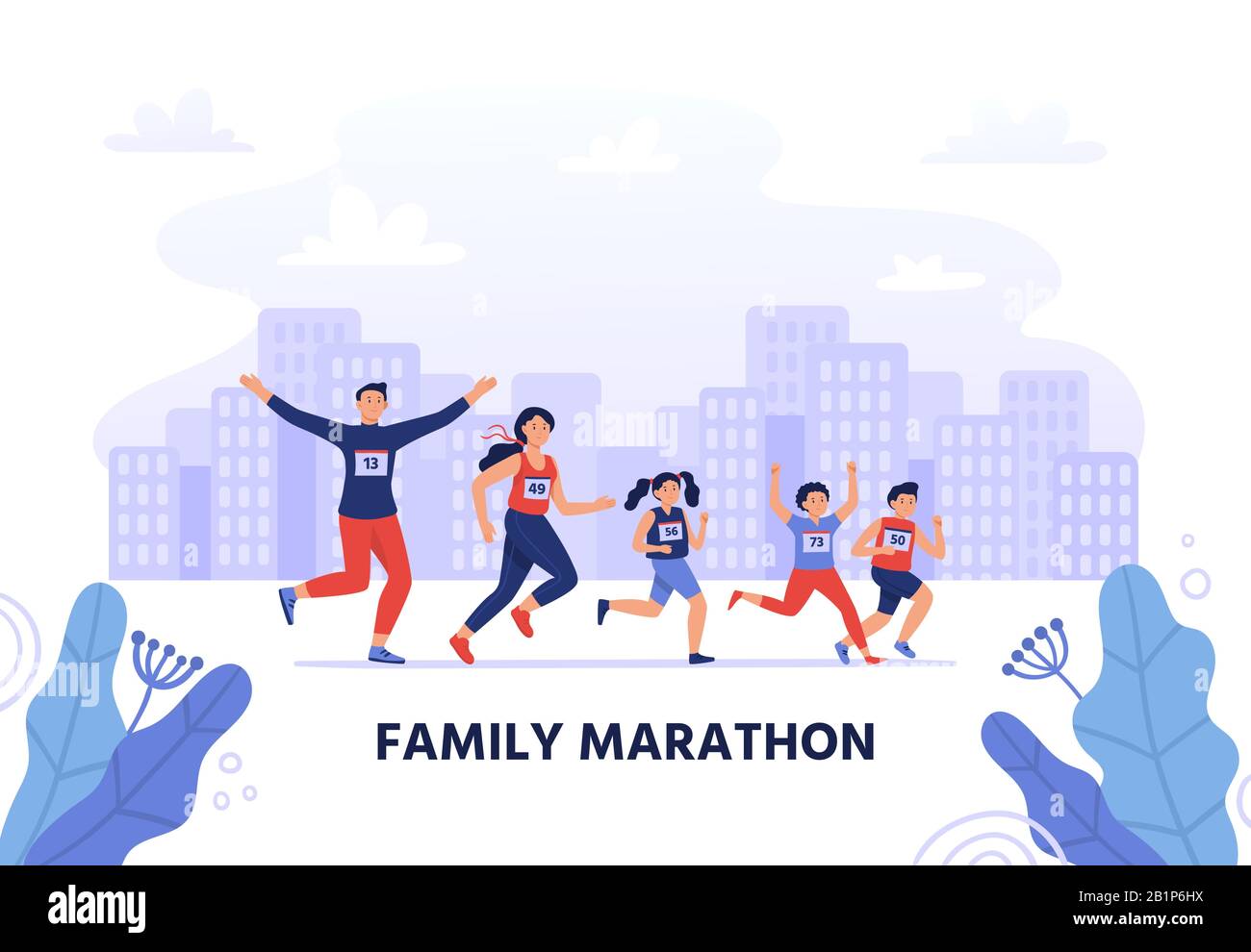 Family marathon. Happy parents run together with kids. Healthy ...