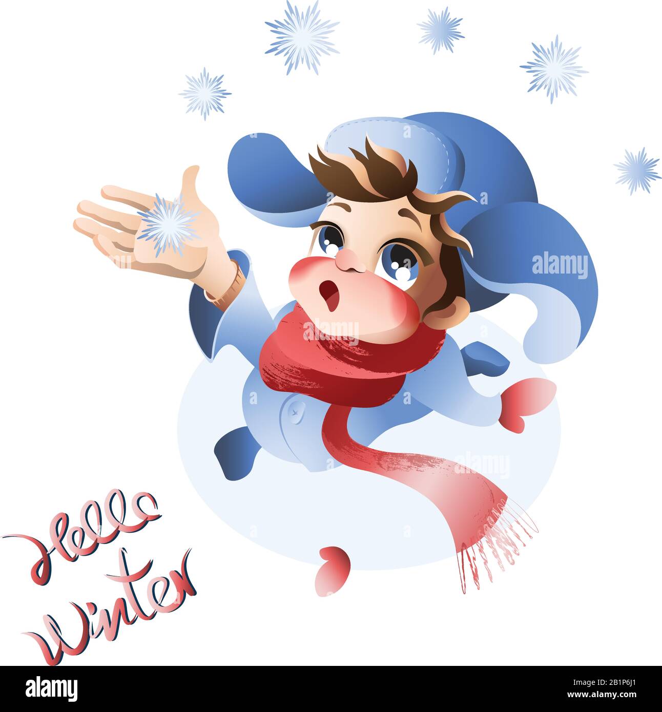 Adorable boy catches the first snowflake. Hello winter Stock Vector ...