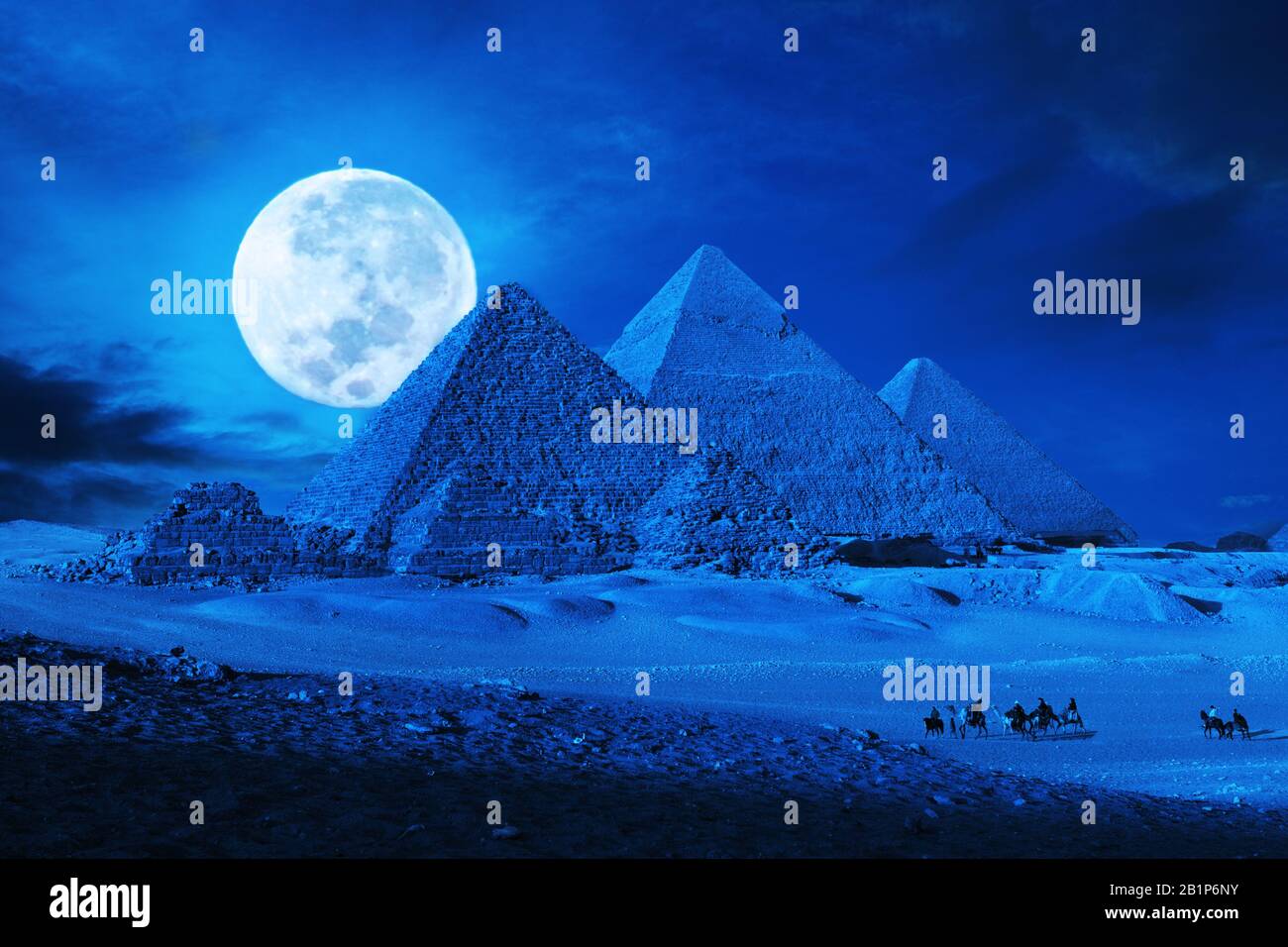 phantasy pyramids egypt cairo giza at night full moon with caravane in ...
