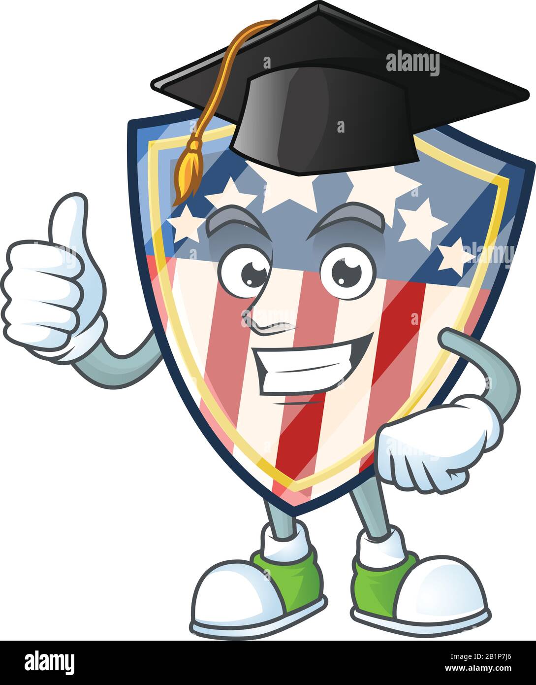 A happy character of vintage shield badges USA in a black Graduation ...