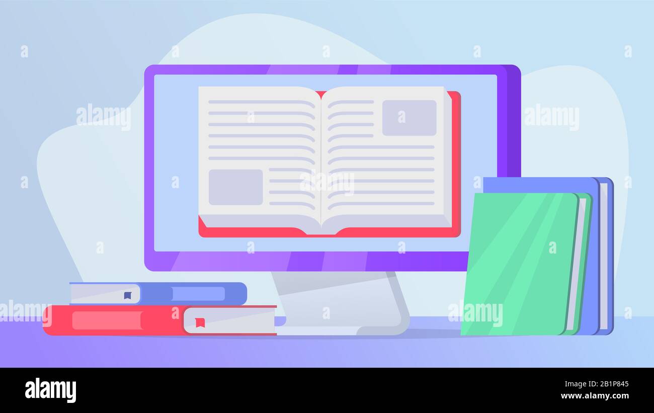 reading online books concept with open book on computer laptop screen ...