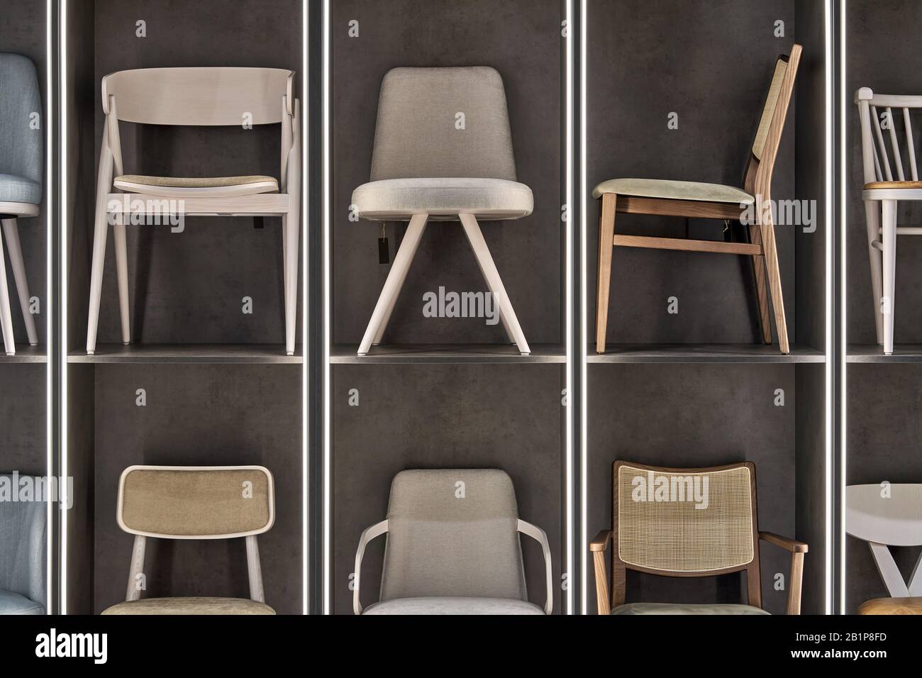 Installation of shelves with many different chairs Stock Photo - Alamy