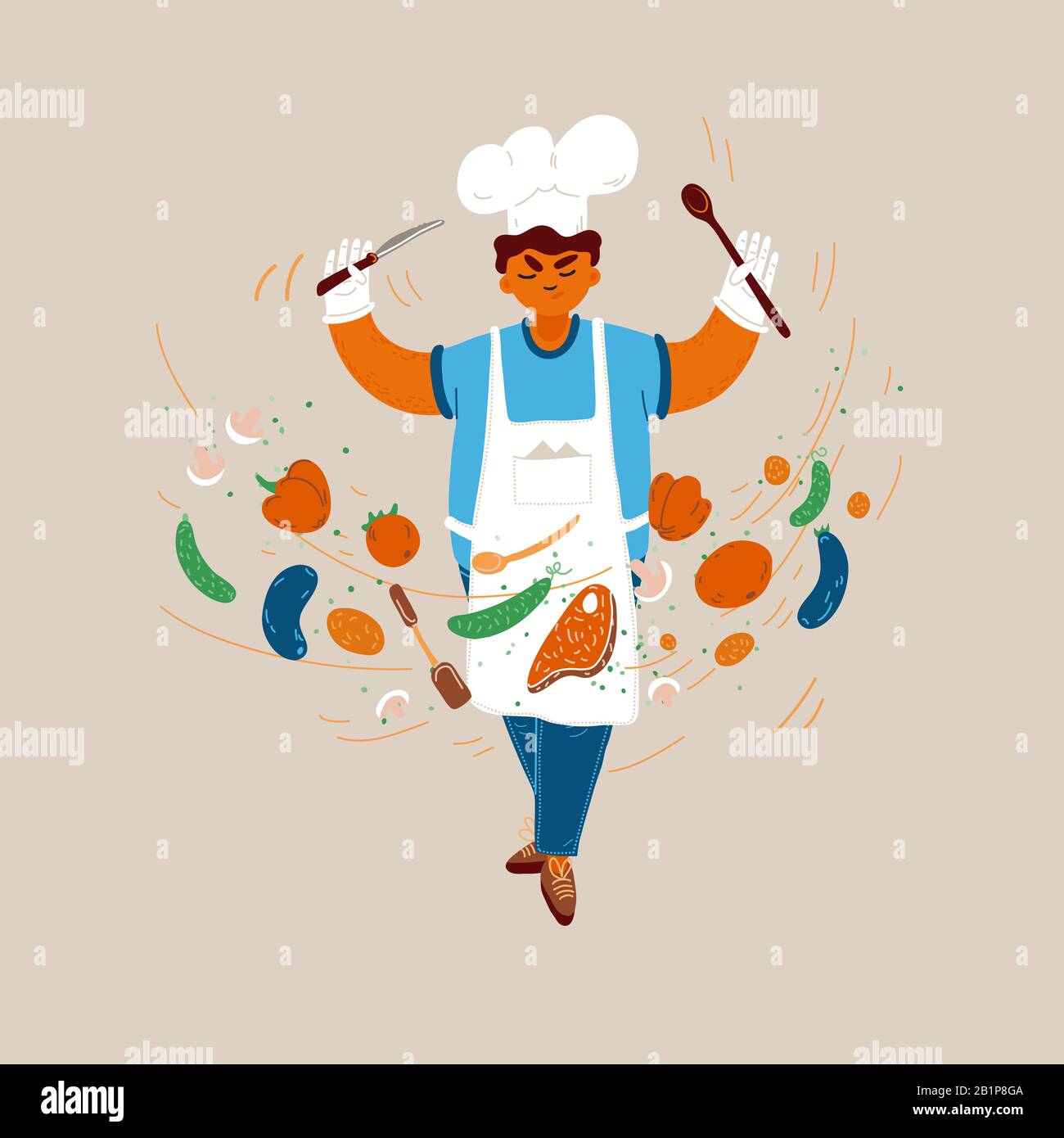 Vector cartoon illustration of home and small restaurant male man cook ...