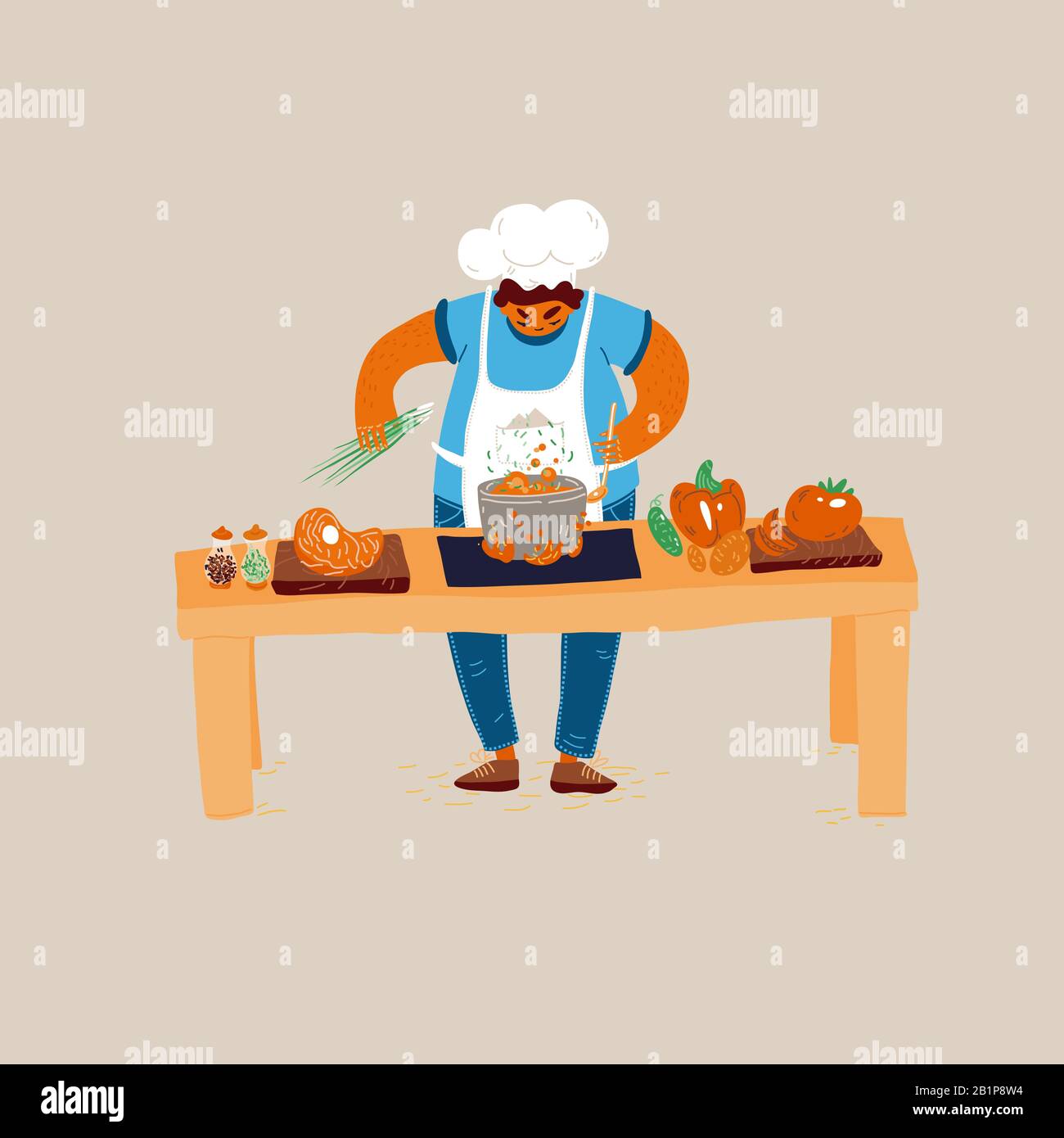Vector cartoon illustration of home and small restaurant male man cook ...