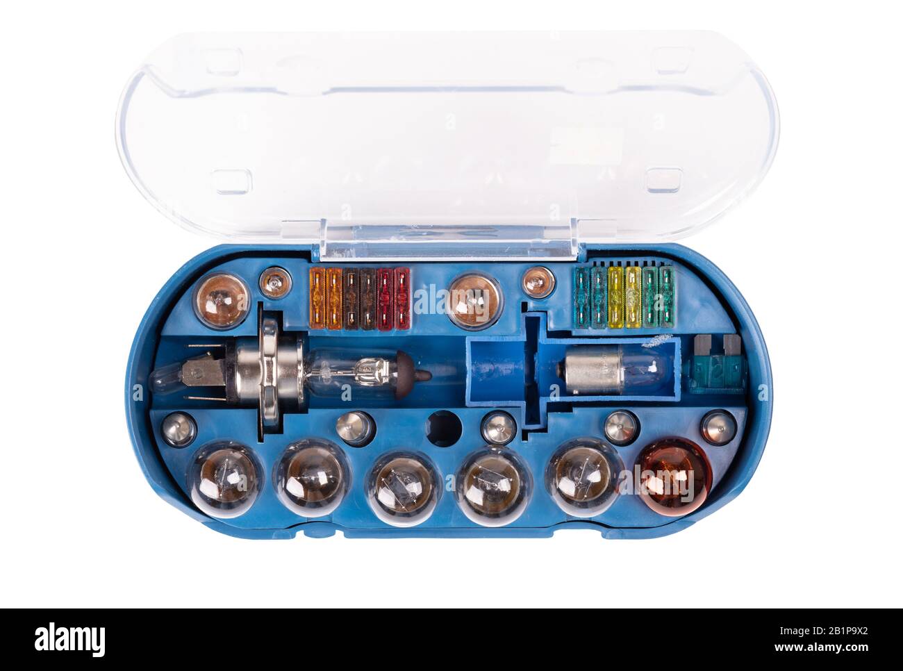 Assorted car light bulbs in a blue box, vintage, isolated on a white ...