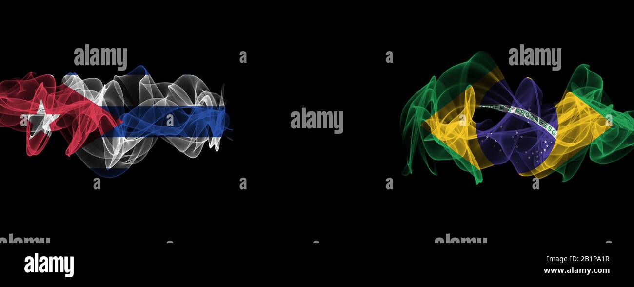 Flags of Cuba and Brazil on Black background, Cuba vs Brazil Smoke ...