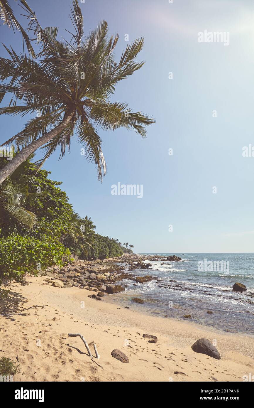 Retro color stylized picture of a tropical beach, summer holidays ...
