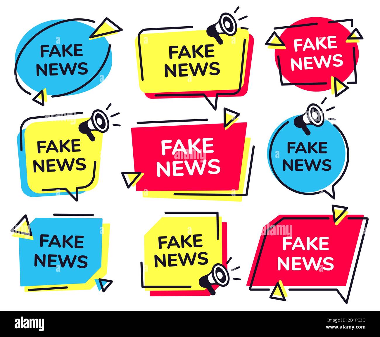 Fake news label. News badge with loudspeaker icon, fake media megaphone ...