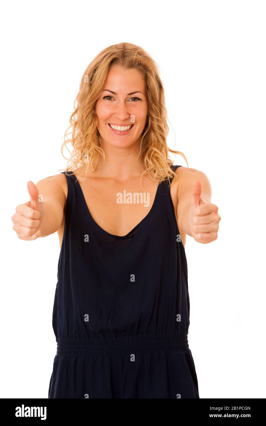 Business woman gesturing success, showing thumb up isolated over white ...