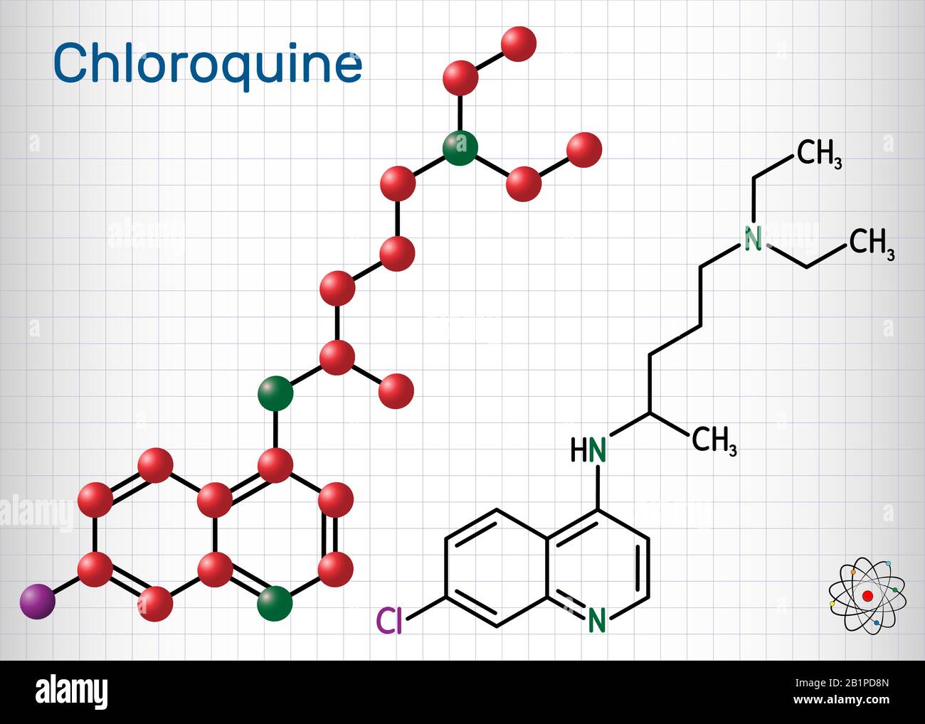 Chloroquine, chloraquine, aminoquinoline, C18H26ClN3 molecule. It is ...
