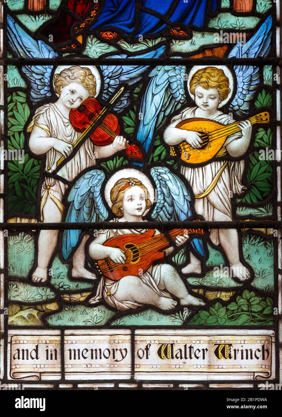 Detail of stained glass window three angels playing music by Powell and ...