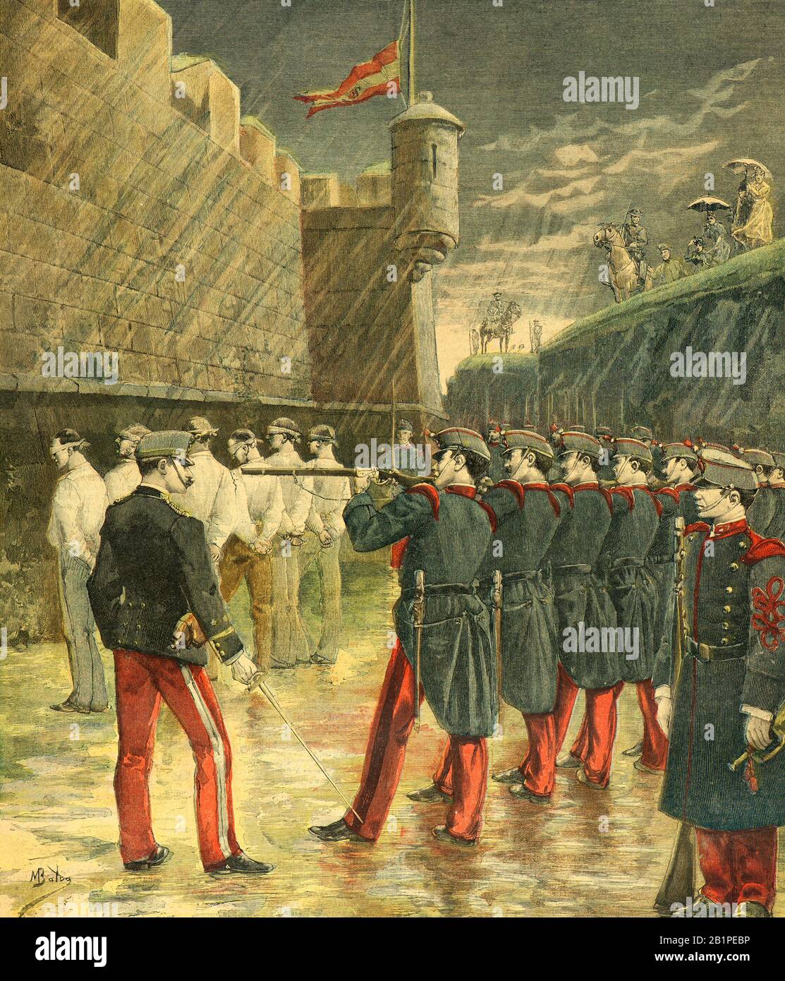 Engraving - Six Spanish anarchists are shot in Barcelona for the attack ...