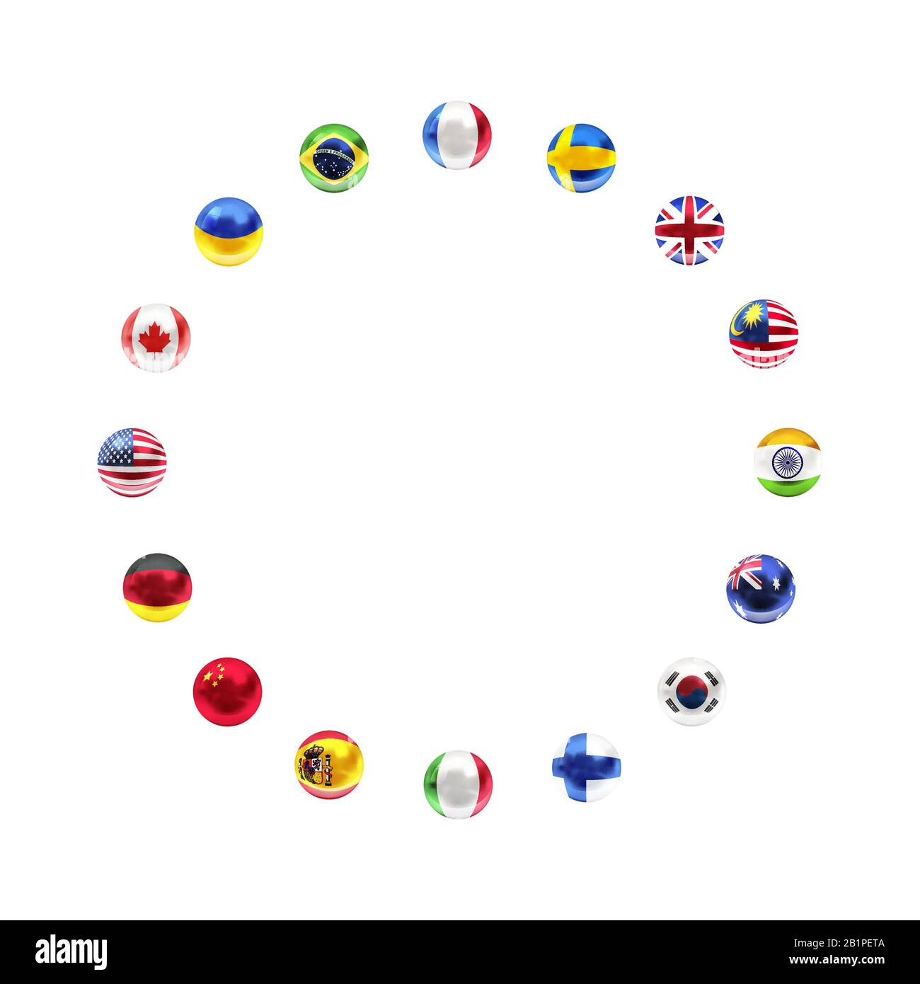 Sphere shaped flags of sovereign states arranged in circle frame on a ...