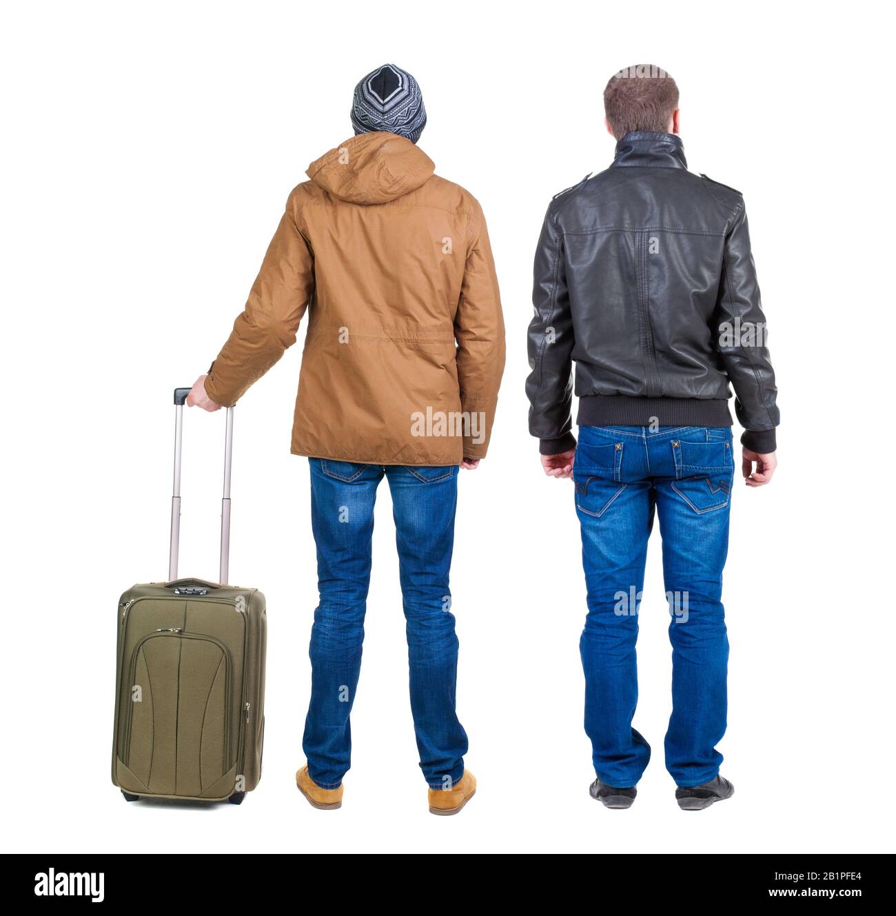 Back view of two man in winter jacket traveling with suitcas. Back view ...
